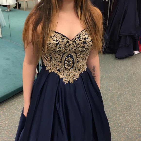 David's Bridal | Dresses | Navy Blue And Gold Prom Dress | Poshmark